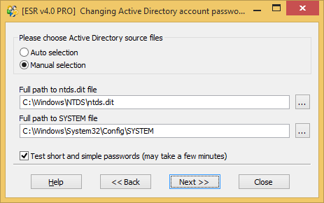 Select operating system or SAM/AD files location